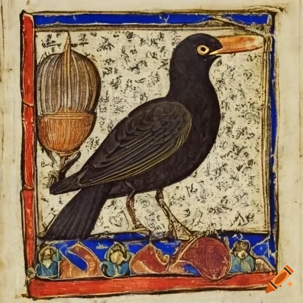 European blackbird in a medieval illuminated document with religious ...