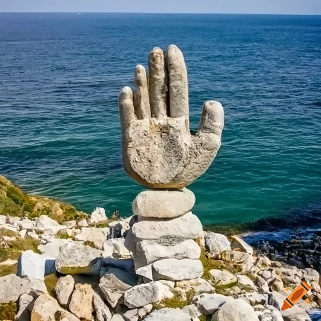 Giant stone hand emerging from the sea in an 80's filming style on Craiyon