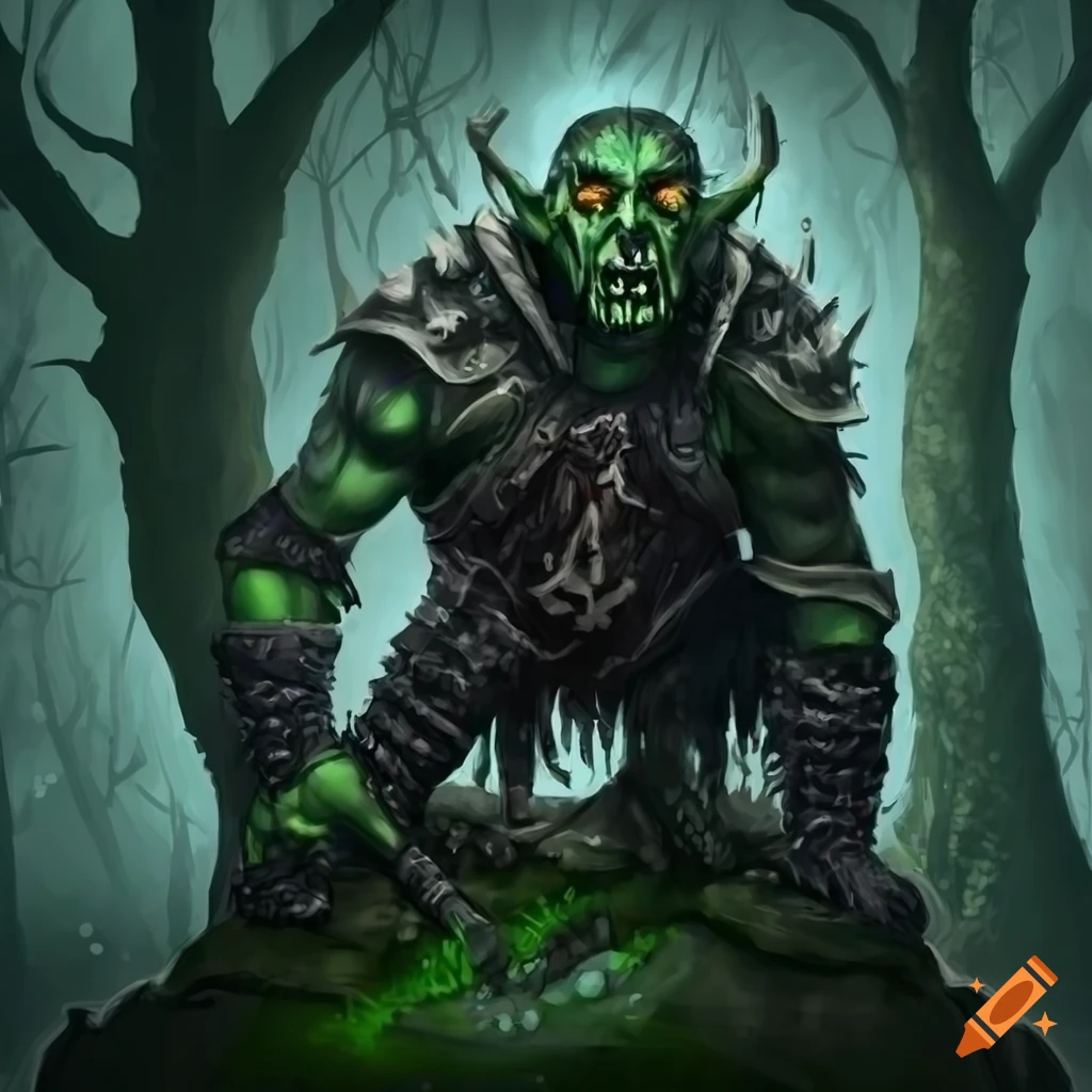 Dark fantasy half-orc necromancer with undead creatures in a mystical forest on Craiyon