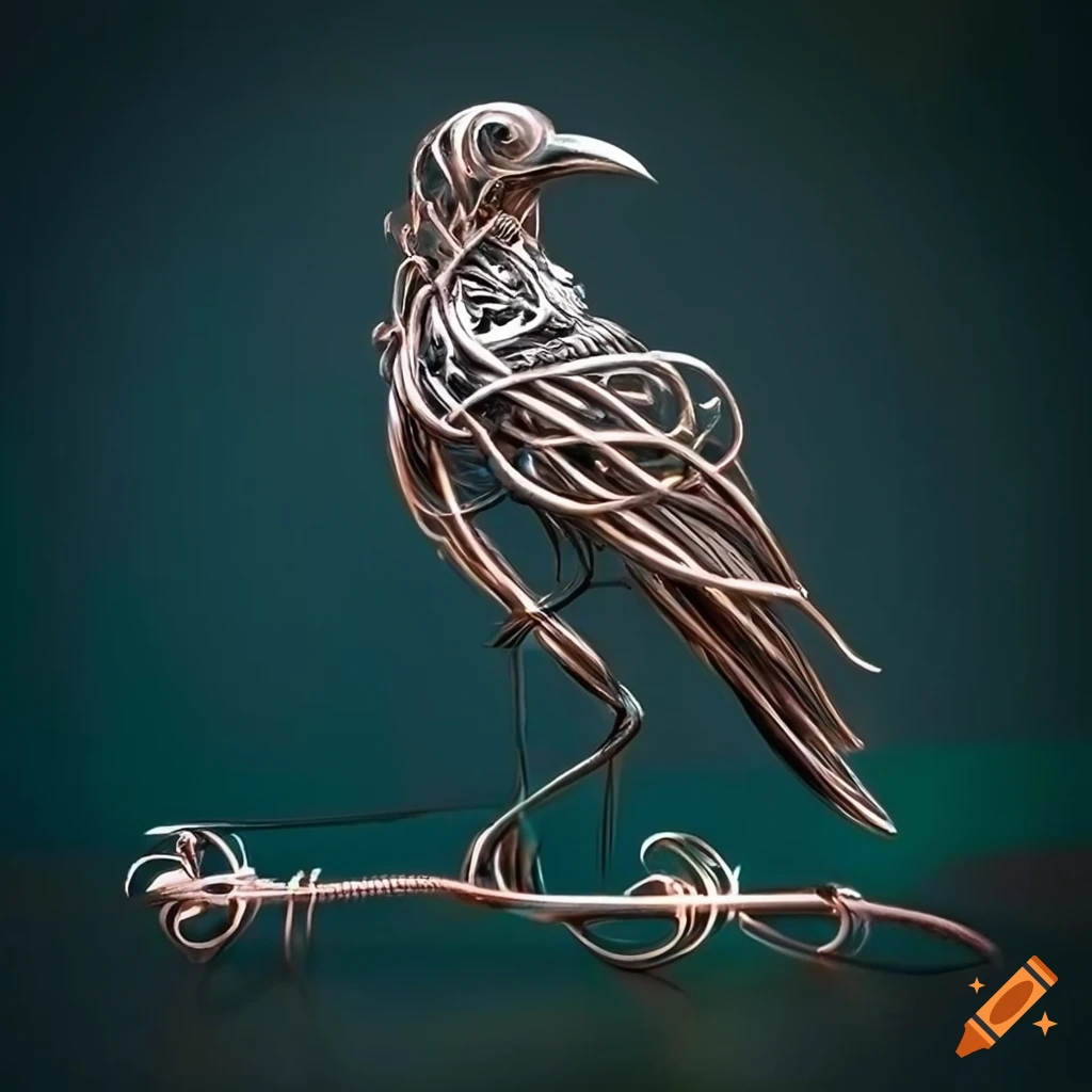 Intricately woven silver metal sculpture of a crow amidst metal flowers ...