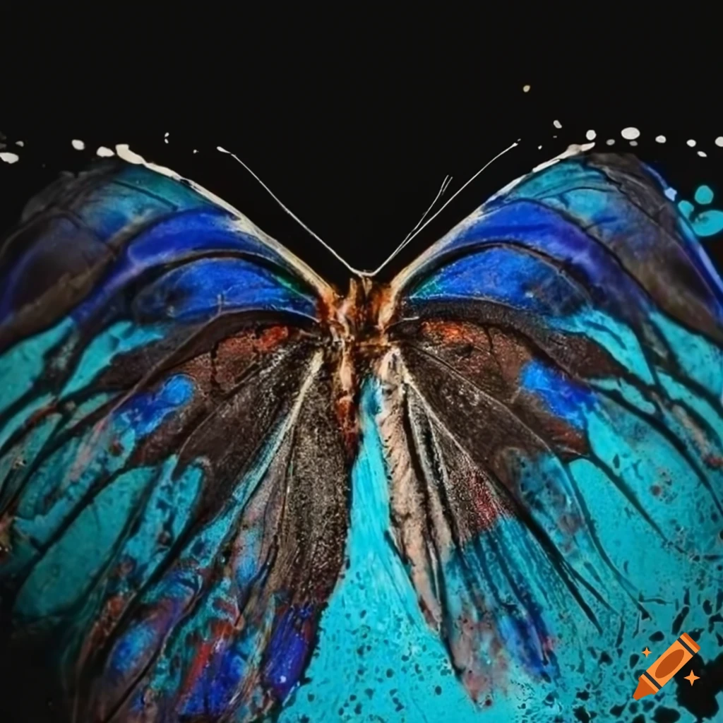 Shredded butterfly wing in paint splatter style on black background on ...