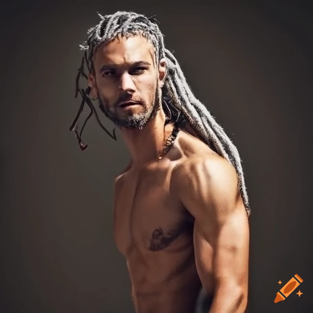 Confident man with long grey dreadlocks showcasing chiseled jawline and ...