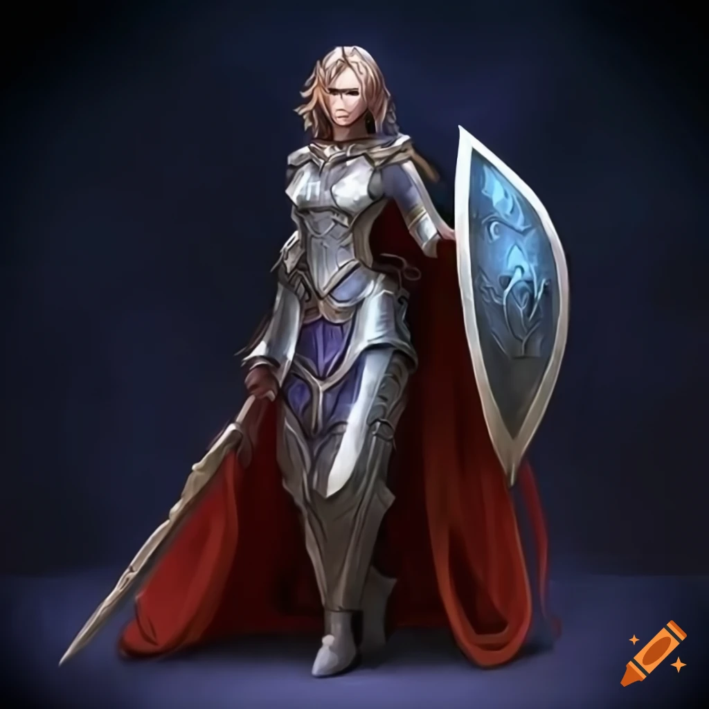 Beautiful cleric in shining armor with a sacred shield and fierce ...