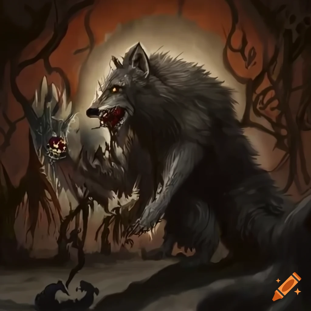 Undead wolf tackling an undead golem on Craiyon