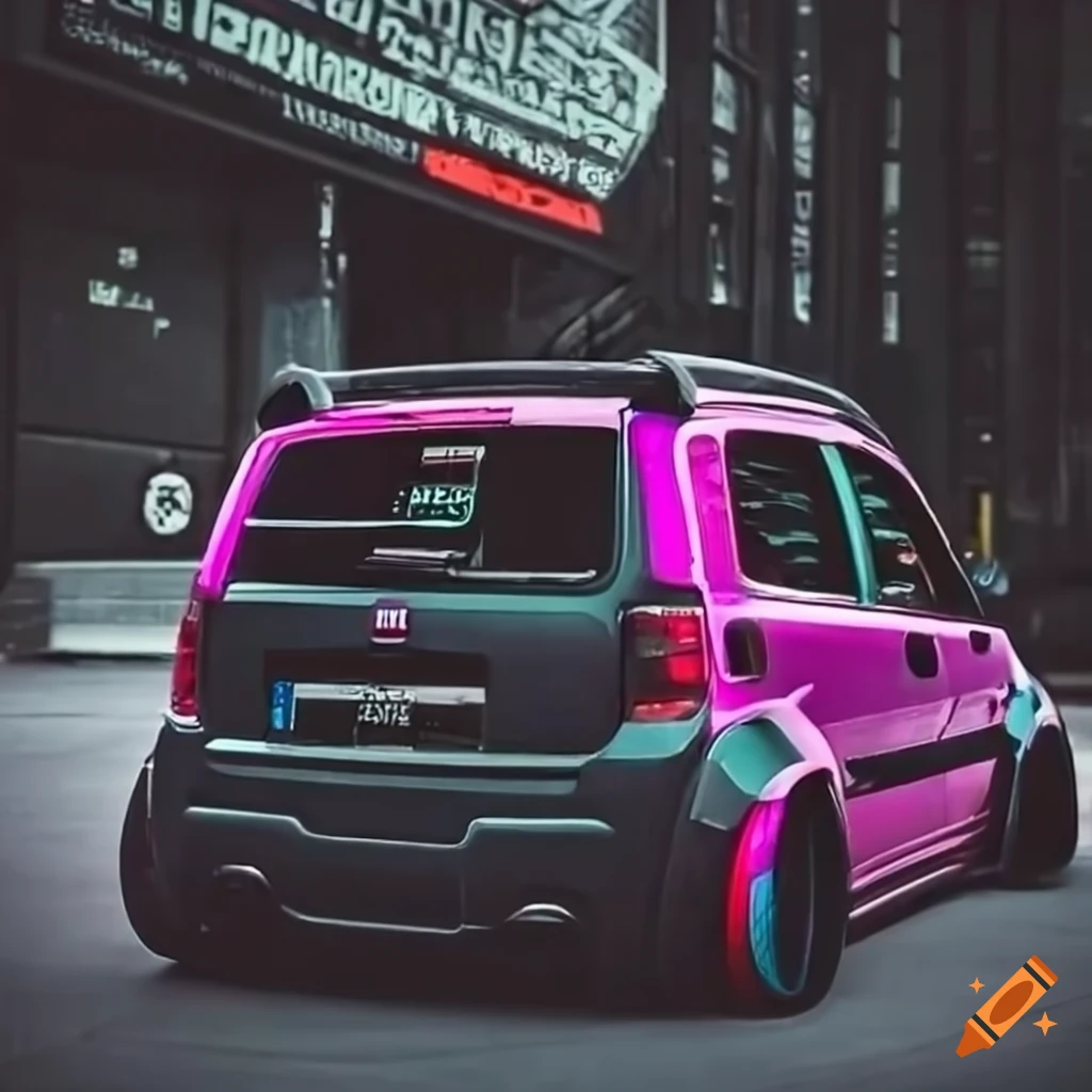 Modified cyberpunk fiat panda with lowered turbofan wheels on Craiyon