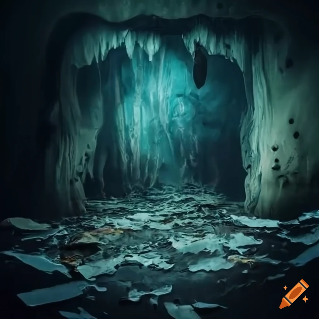 Dark and creepy cave with scattered papers and dripping water on Craiyon