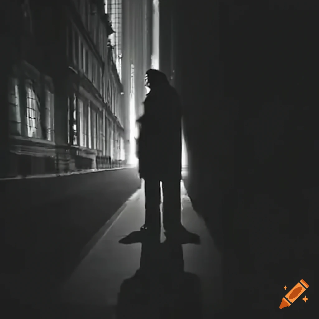 Tall shadow figure in street at night on Craiyon