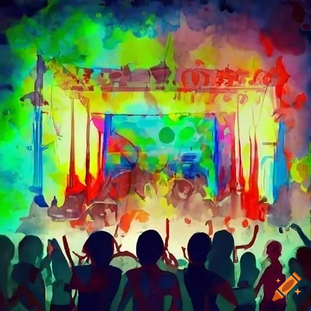 Futuristic alternative rock club with musicians on stage playing ...