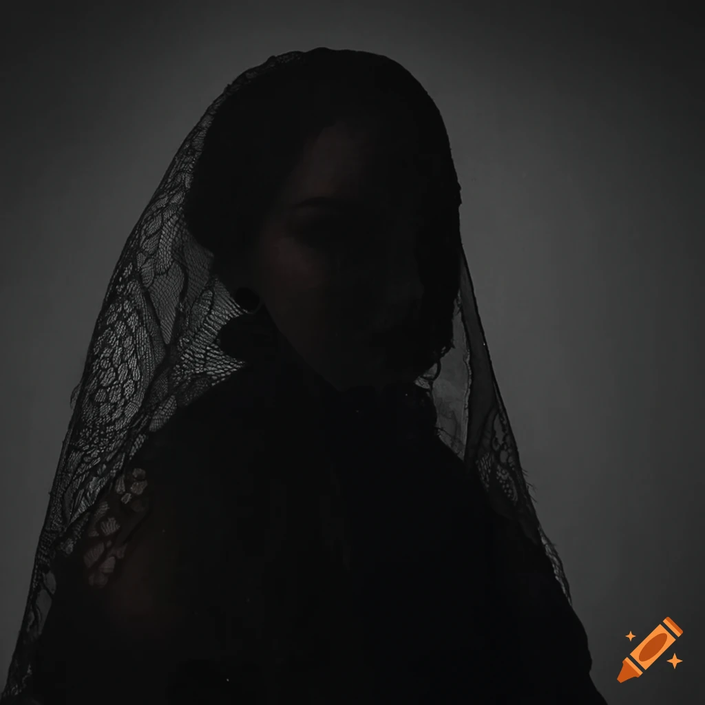 Victorian lady with a black lace mourning veil in historical silhouette ...