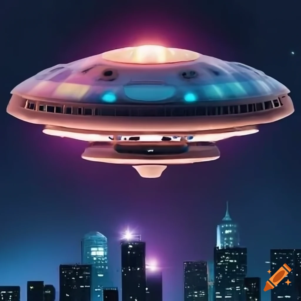 Highly detailed ufo hovering above the city at night on Craiyon