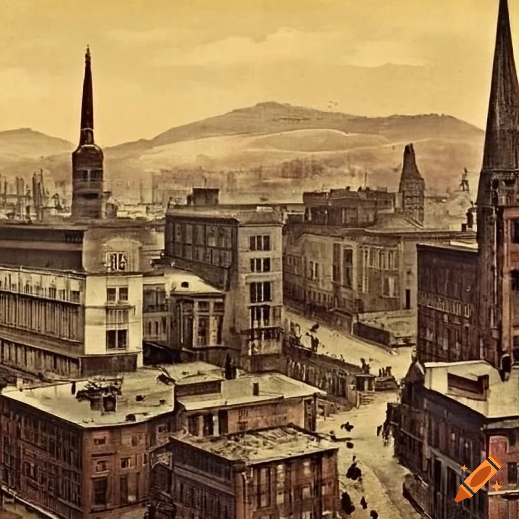 Vintage postcard of a gritty and bustling 1800s industrial city on Craiyon