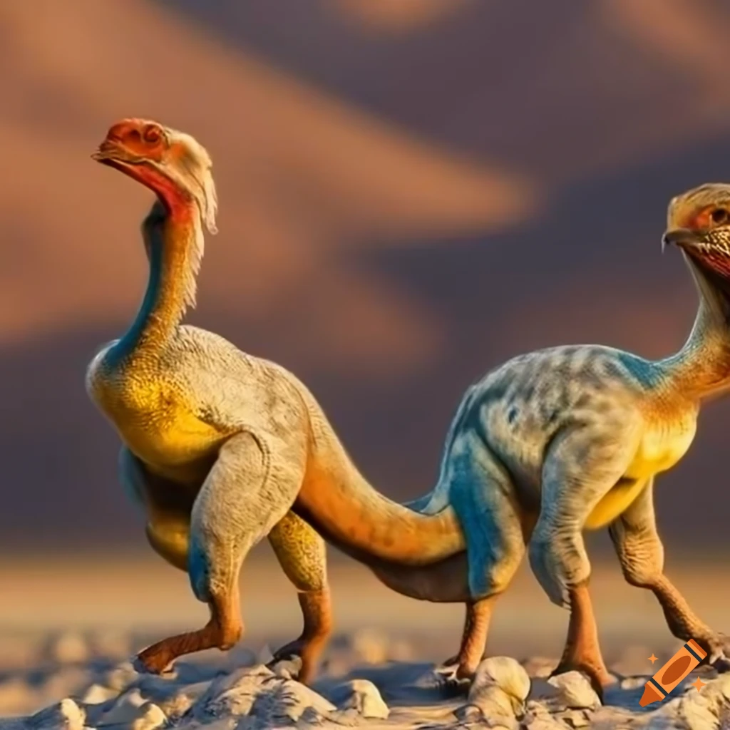 Feathered oviraptor dinosaurs in a california desert landscape on Craiyon