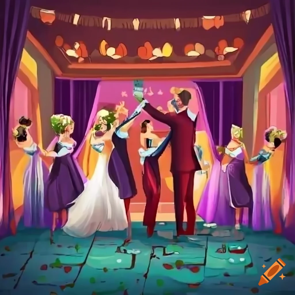 Joyful wedding reception party with guests dancing and wine bottles on ...