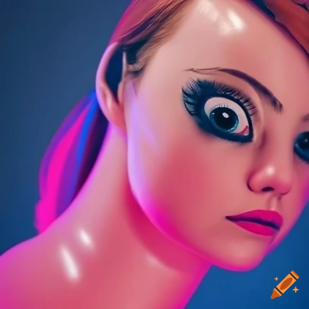 Close-up of emma stone's face on inflatable pony body with glossy neon ...
