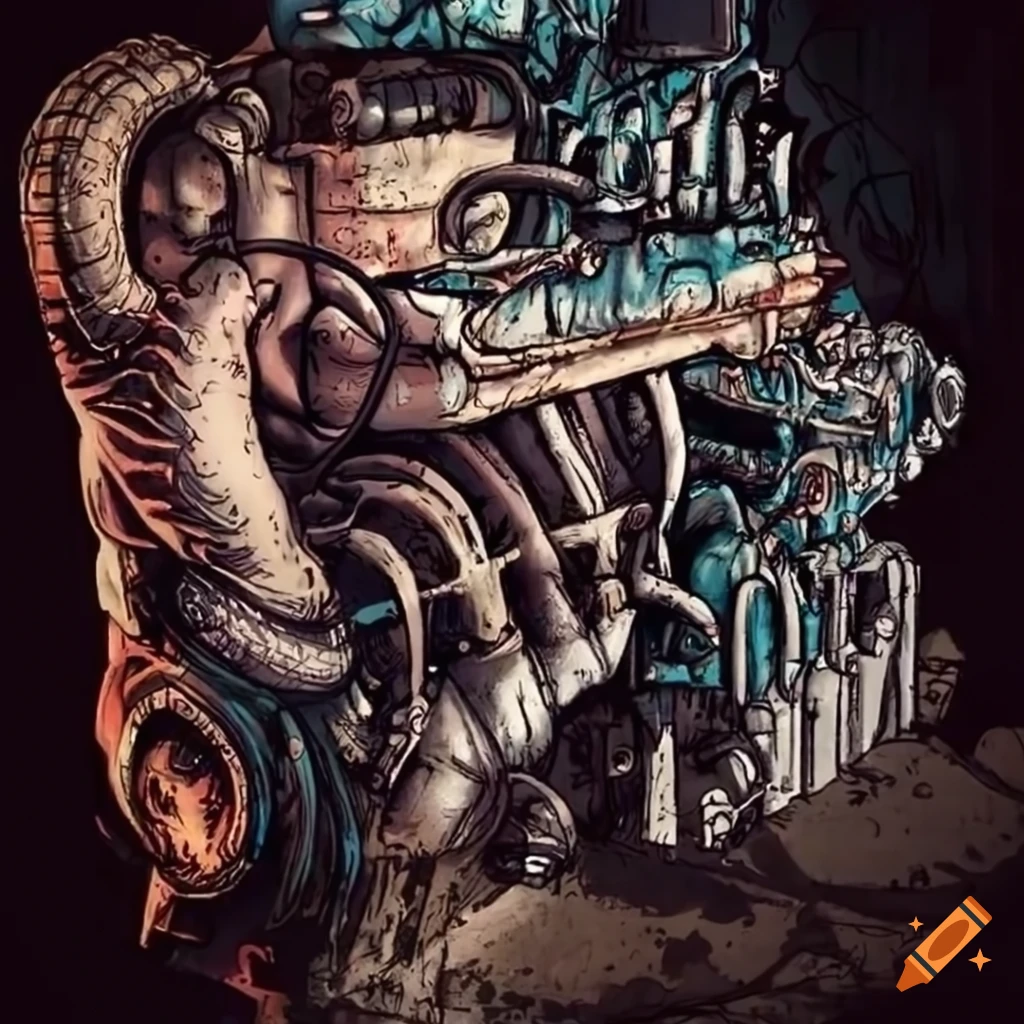 Diesel engine with tentacles and bones in graffiti style on Craiyon