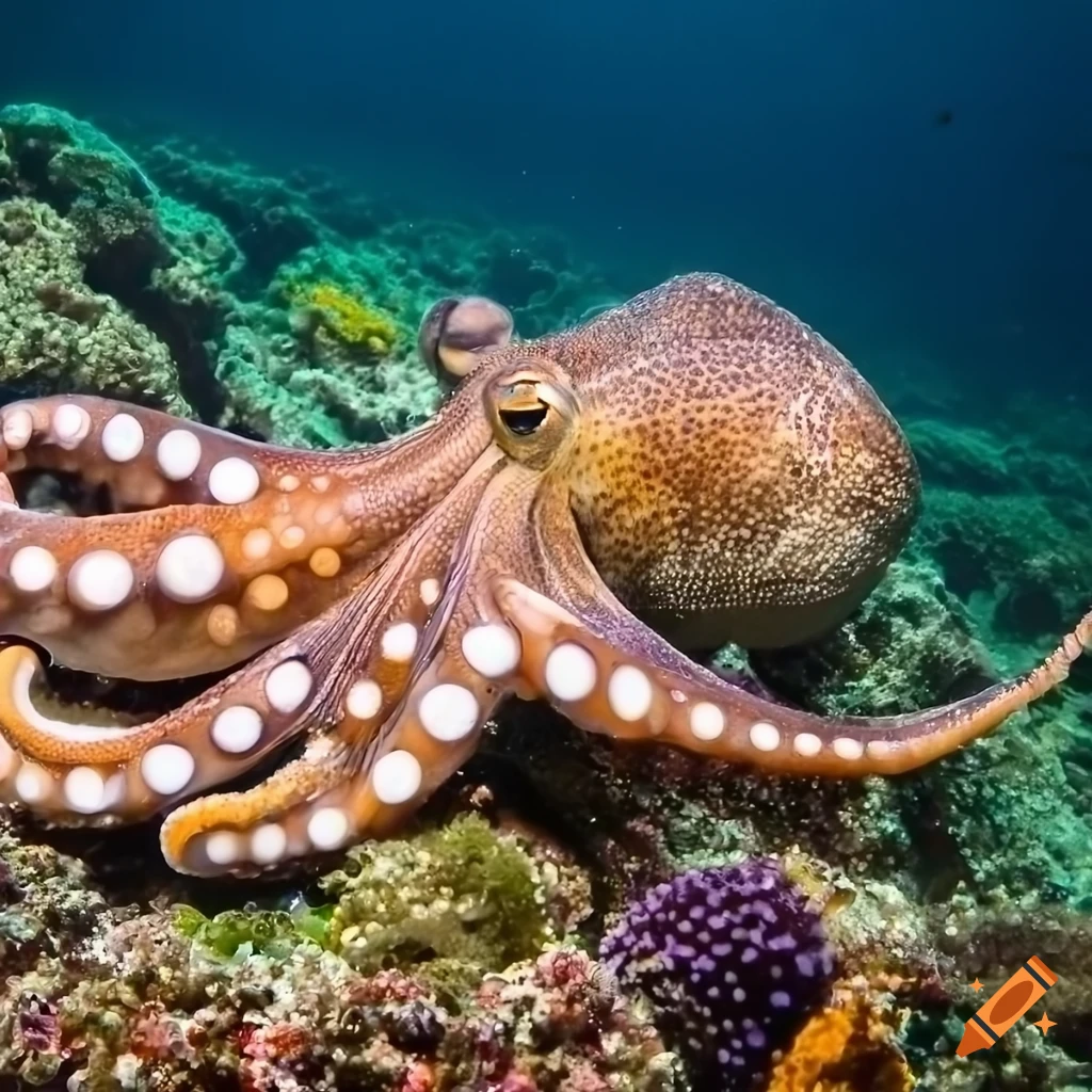 Huge octopus under the sea with detailed corals and bubbles on Craiyon