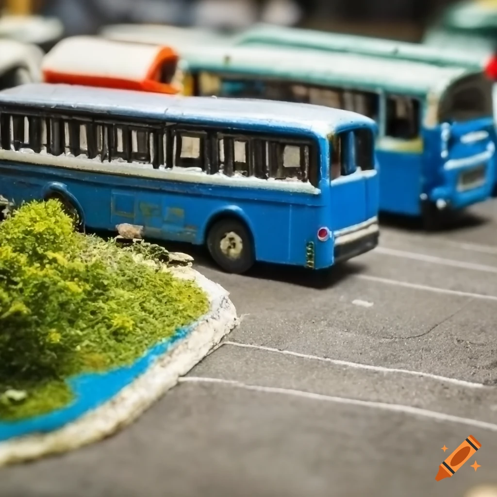 Miniature bus parking lot in a diorama on Craiyon