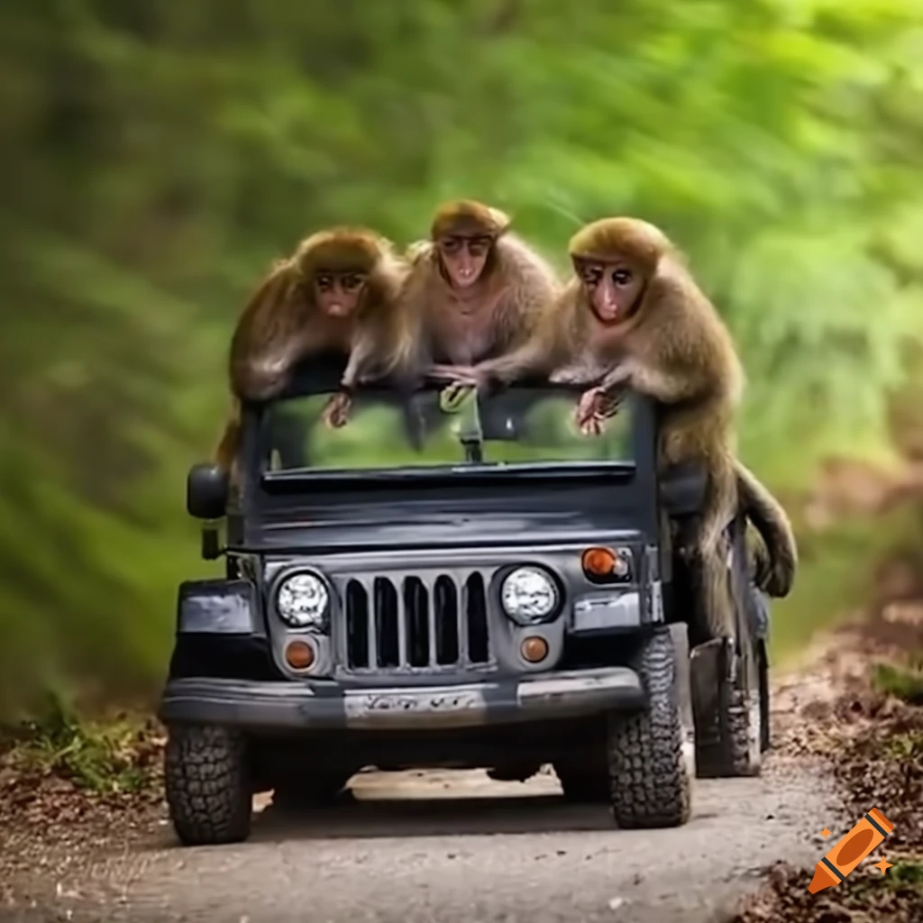 Satirical representation of monkeys driving jeeps with political figures on Craiyon