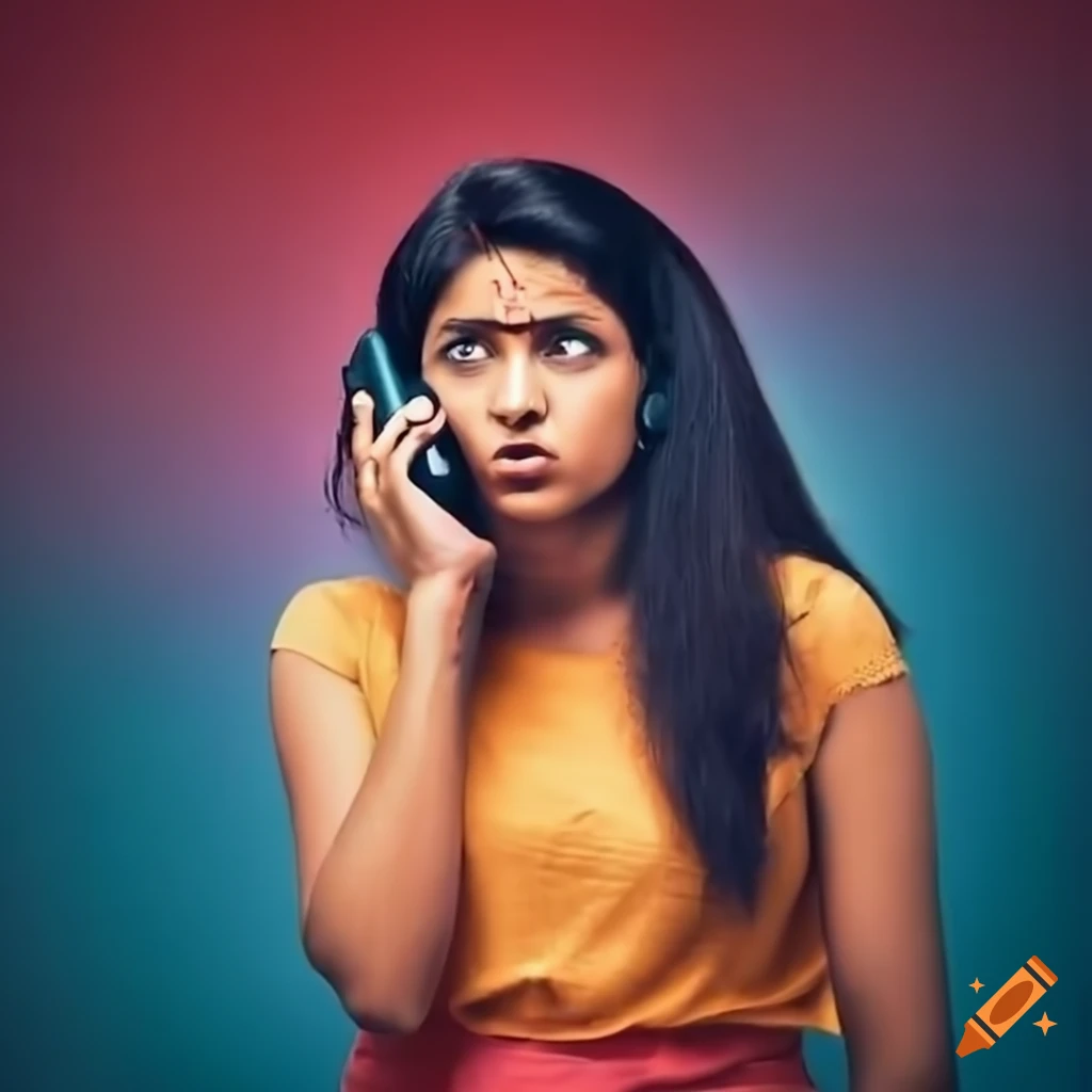 Confused indian woman talking on the telephone in a colorful call center on Craiyon