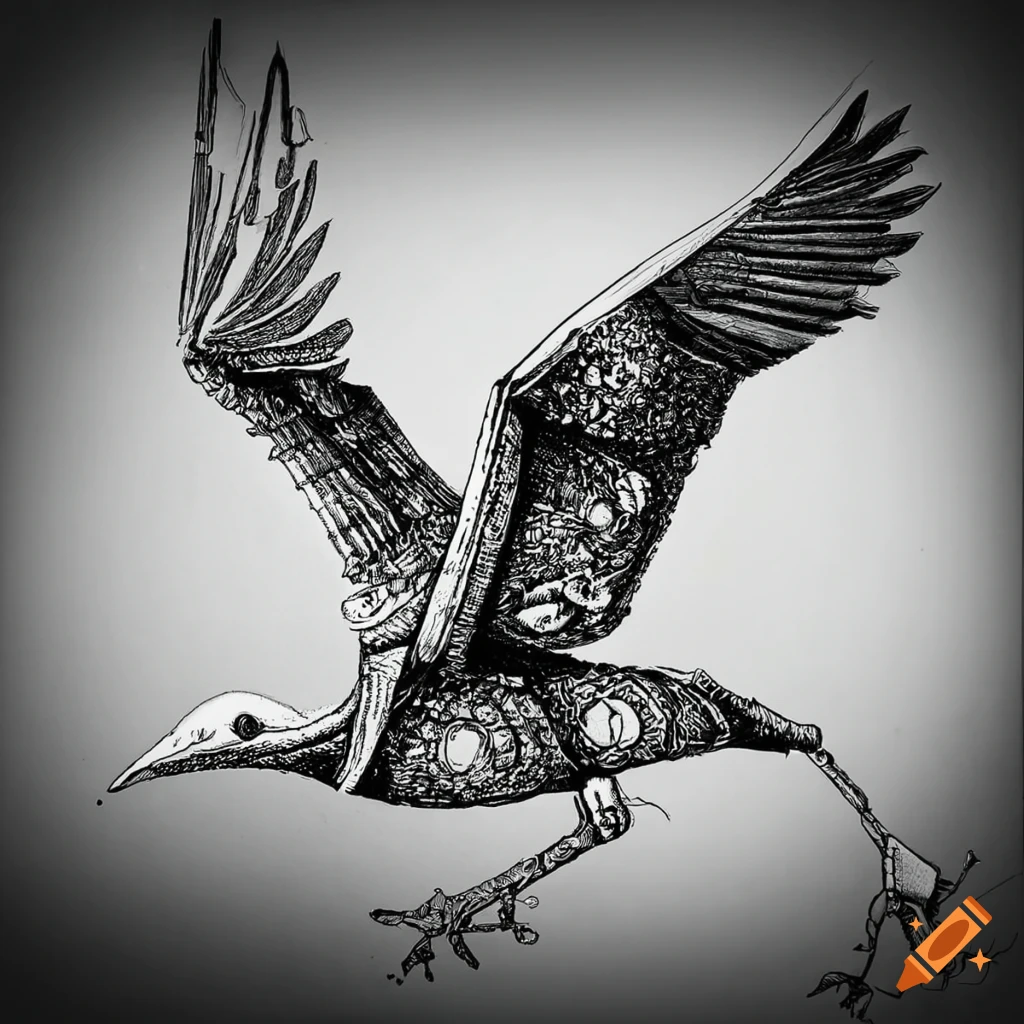 Detailed black and white pen ink drawing of a robotic bird on Craiyon
