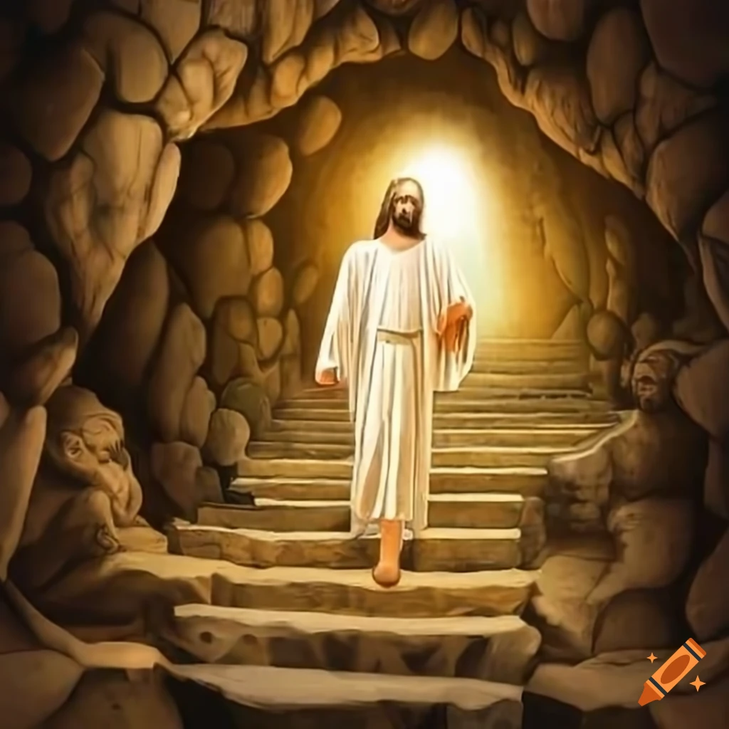 Representation of jesus leading out of a cave towards the stairway to ...
