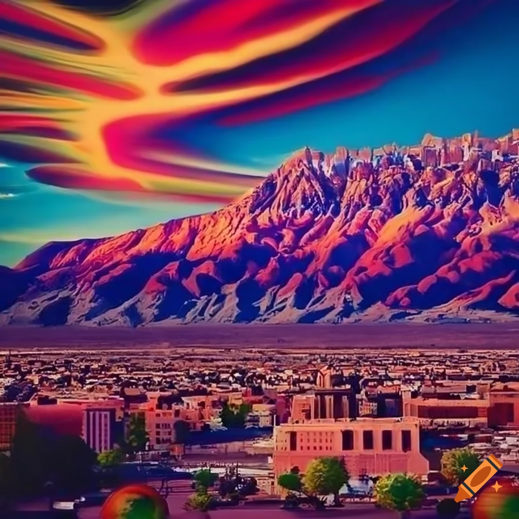 City of albuquerque in a hyperrealistic psychedelic style on Craiyon