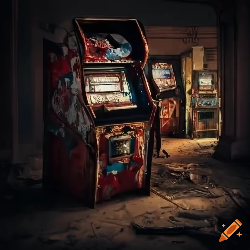 Professional high-resolution photograph of an abandoned arcade hall ...