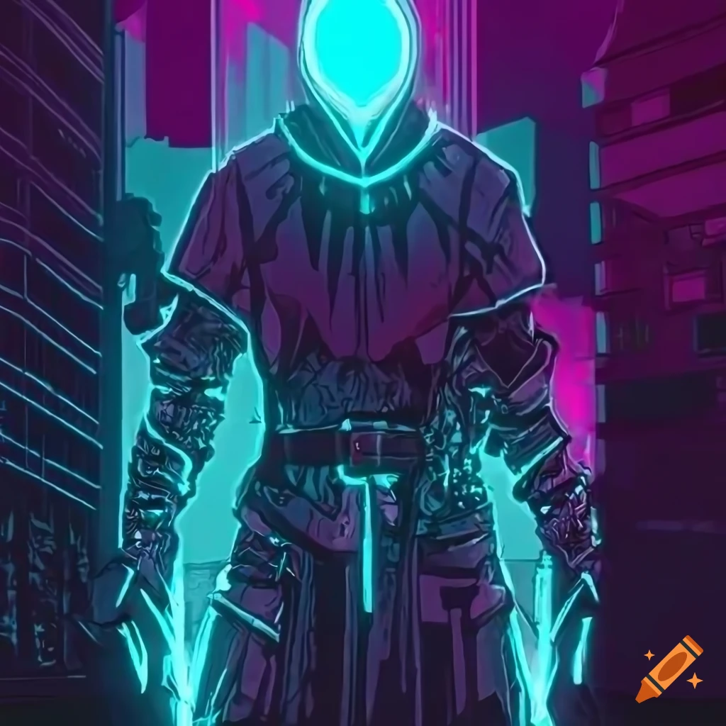 Neon-lit knight with 2-handed sword and flowing cloak in a retrowave ...