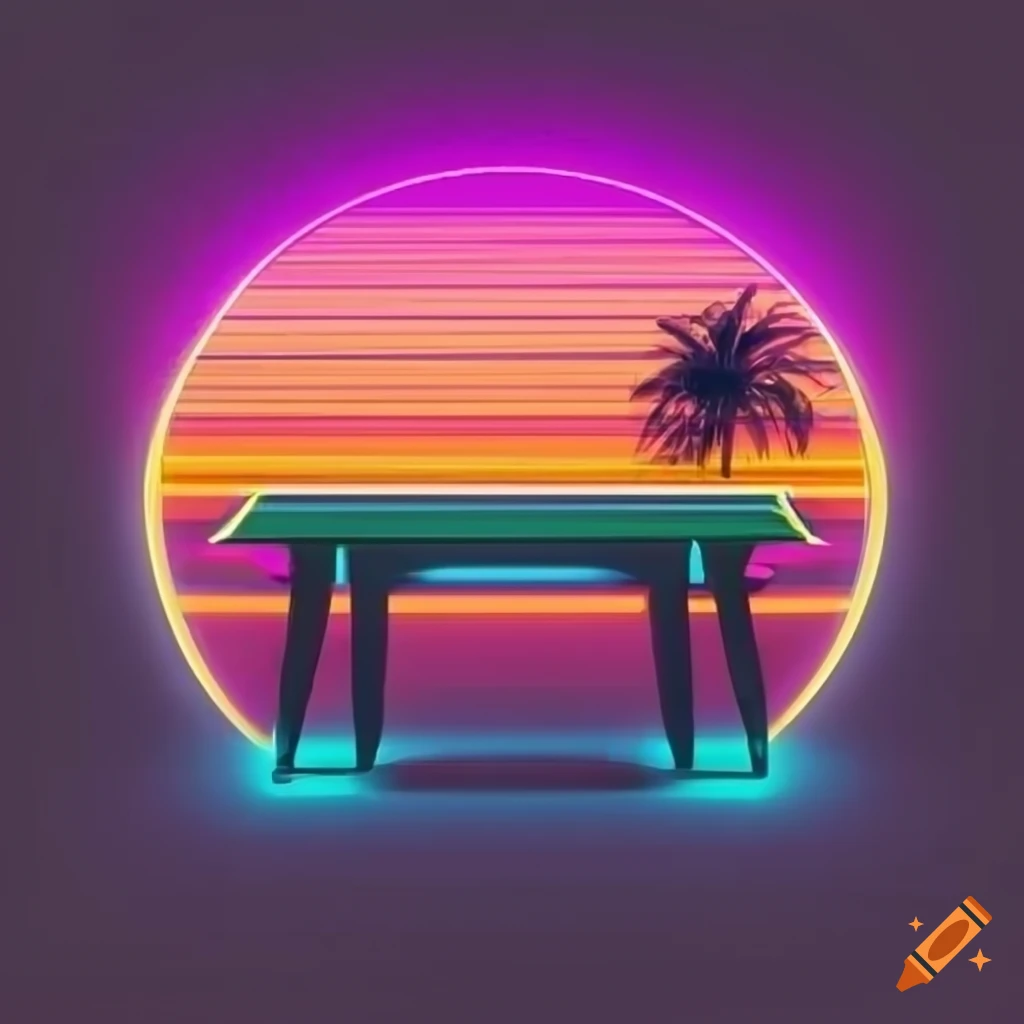 80s Outrun-style horizon with sun, palms, and neon table on Craiyon