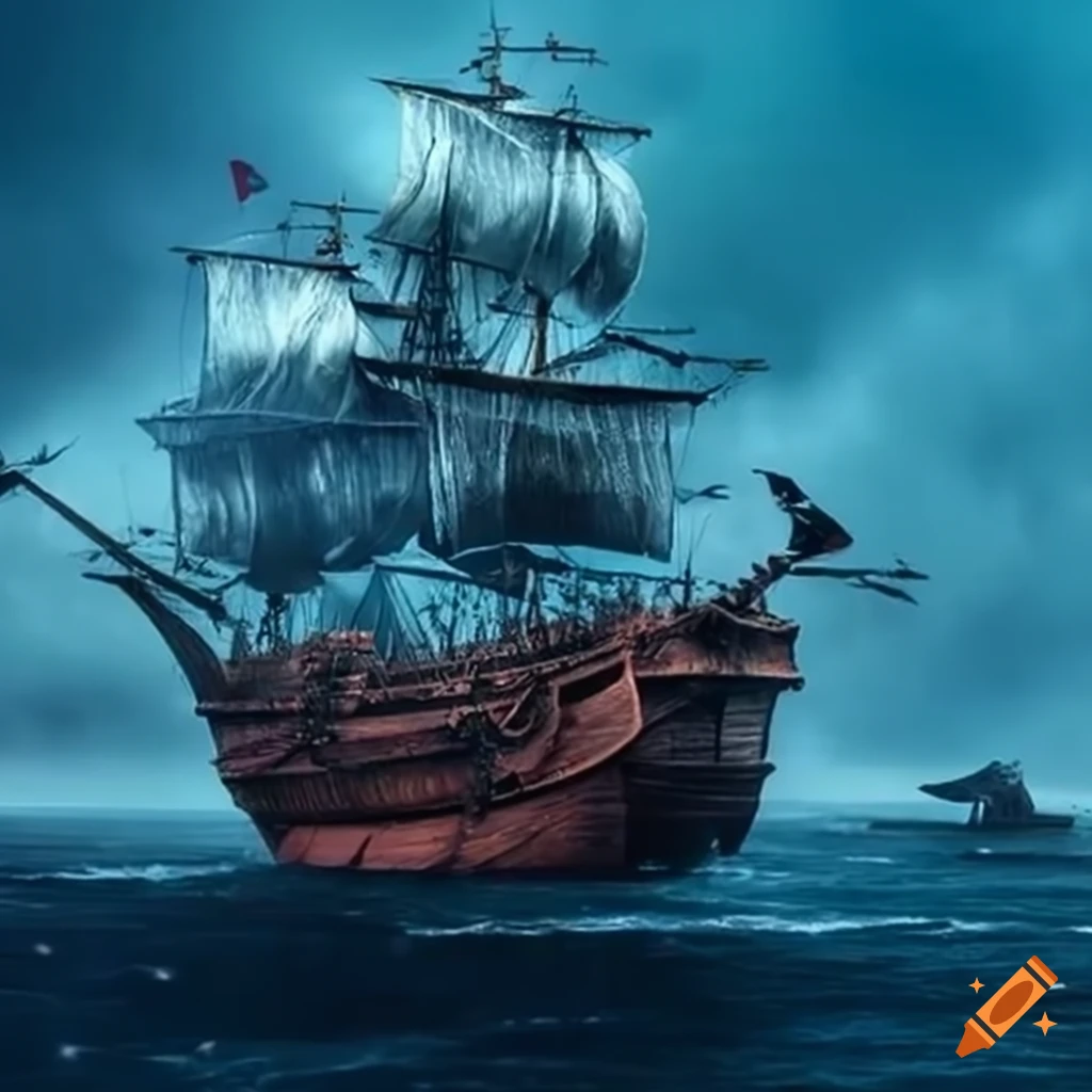 Pirate ship with baby popcorn aboard at the coast on Craiyon