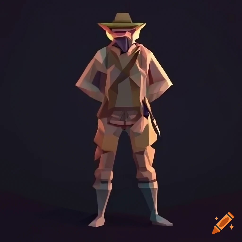 Front view of a fearless adventurer traveler in low poly style on Craiyon