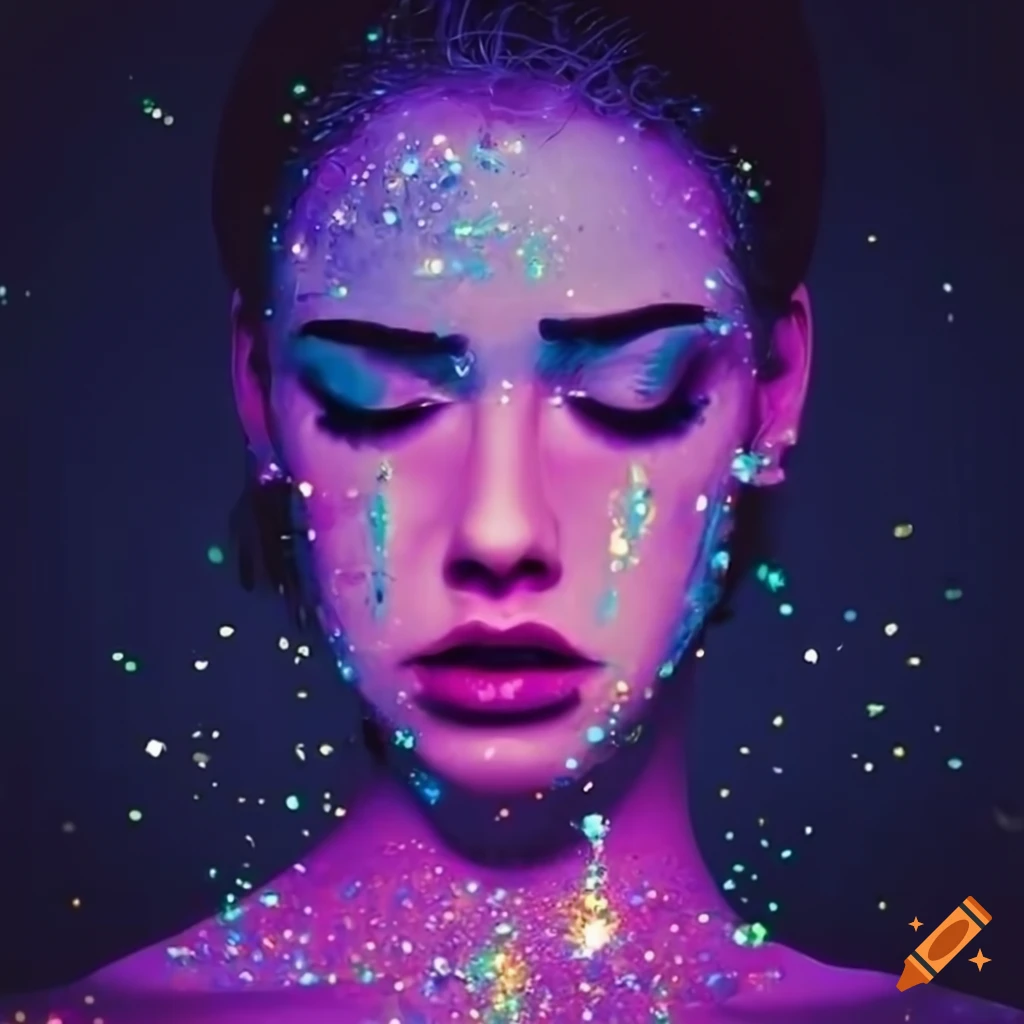 Vaporwave style woman crying glitter tears on dark background on Craiyon