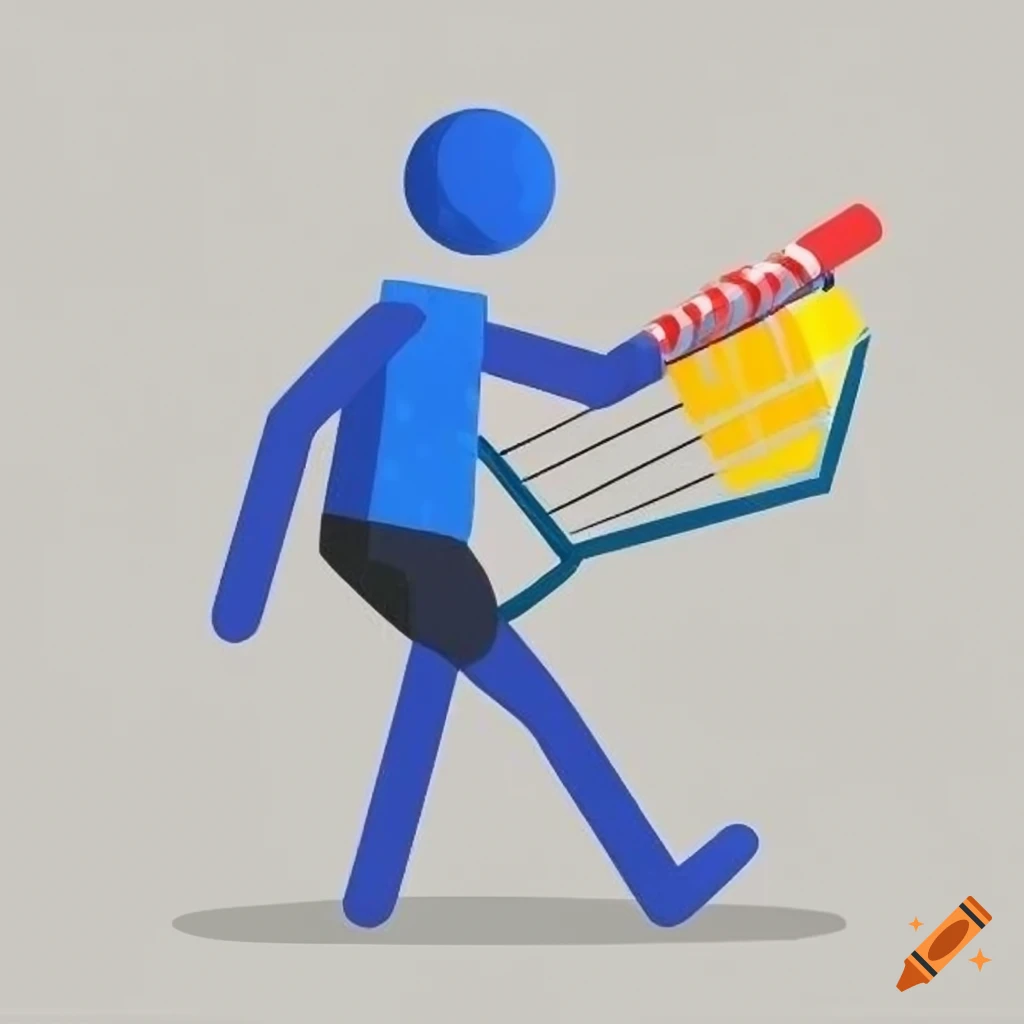 Colorful stick figure pushing a shopping cart on a white background on ...