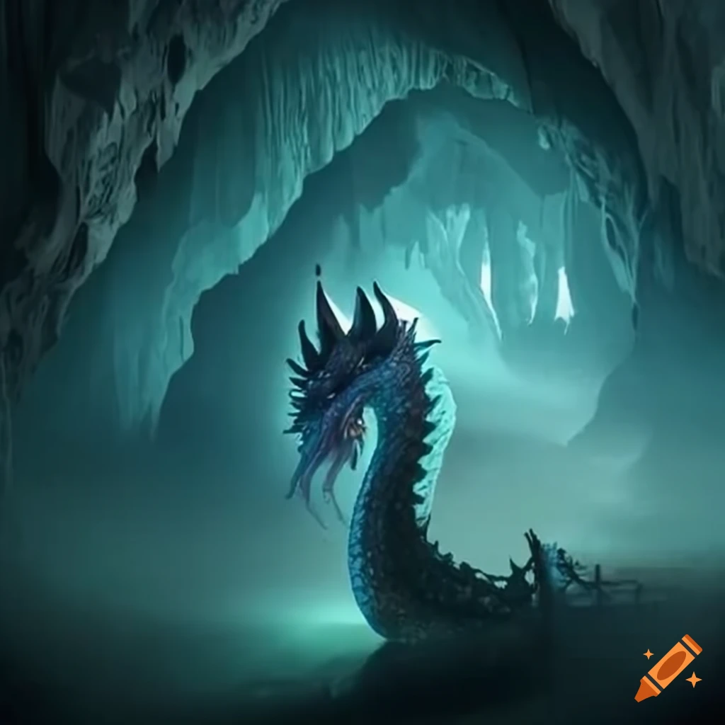 Dragon in an underground lake within a cave on Craiyon