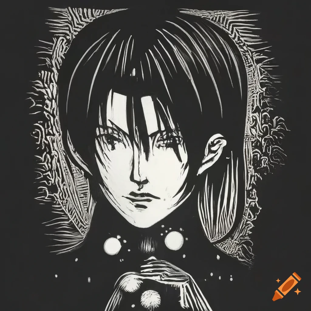 Illustration of Gantz Japanese manga in black and white linocut style ...
