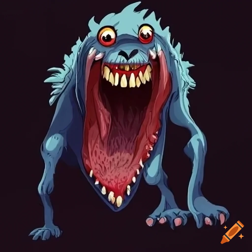 Fierce monster with wide open mouth and sharp teeth in horror cartoon ...