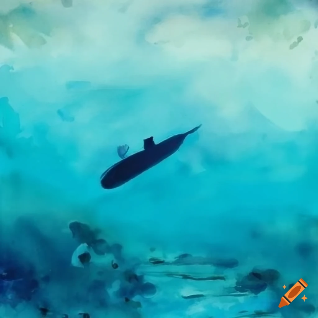 Submarine submerged in water in an impressionist watercolor style on ...
