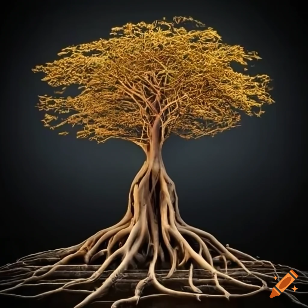 Colossal tree with massive roots bathed in golden light on Craiyon