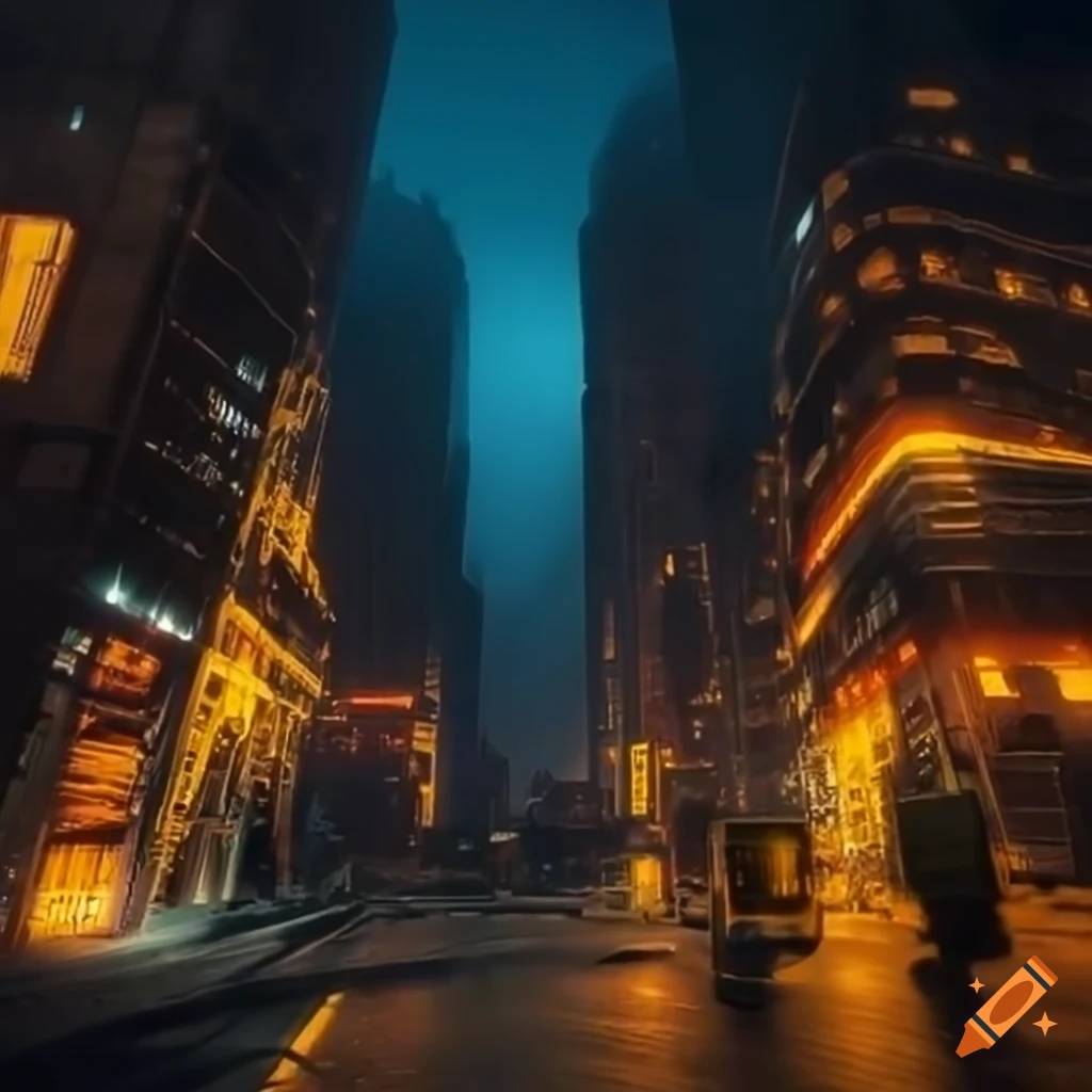 Dystopian city surrounded by thick yellow haze in a science fiction ...