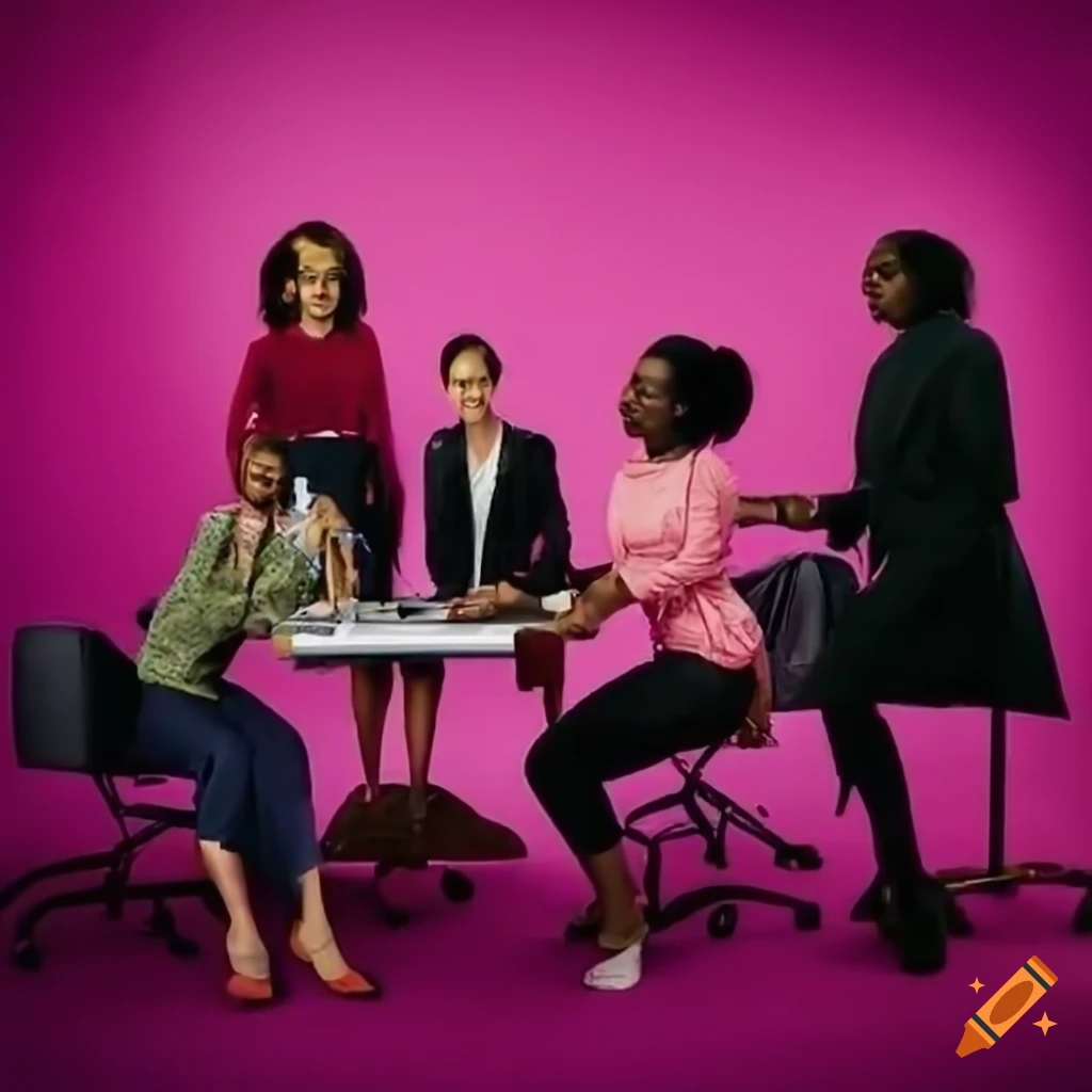 Inclusive diverse team in a pink-themed office setting on Craiyon