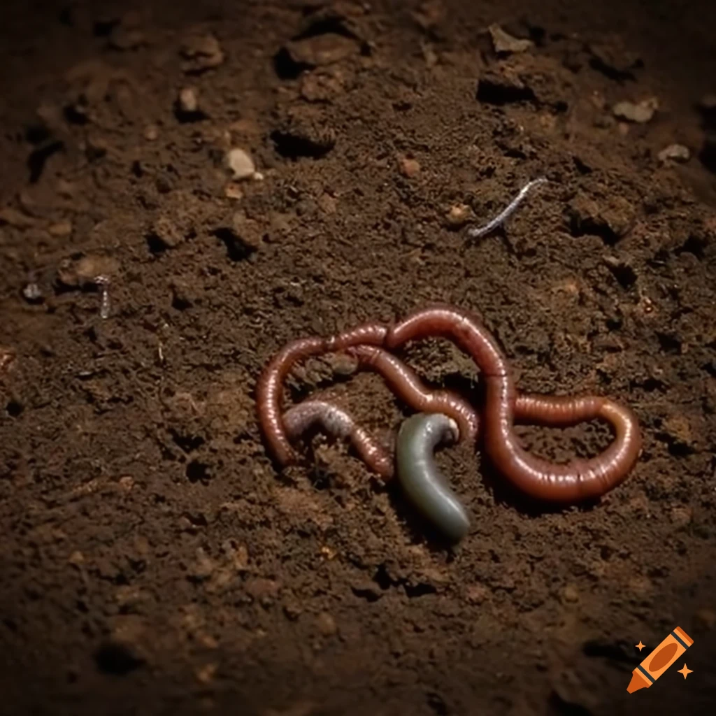 Close-up of dirt with worms and stones on Craiyon