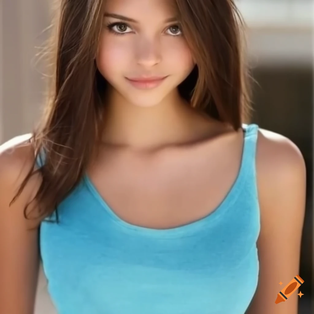 Emilia watson in cyan top and blue jeans with brown hair on Craiyon