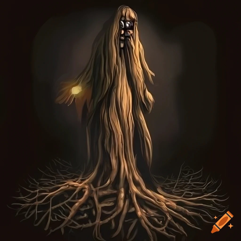 Mysterious wizard character rising from underground roots in digital ...
