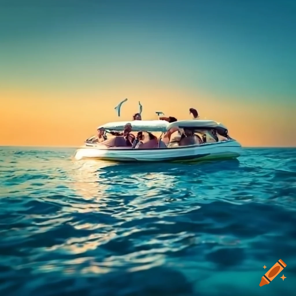 Group of friends enjoying on a luxury speed boat with dolphins in the ...