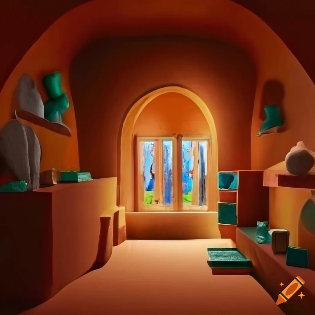 Colorful cave alcove with decorative clay objects on shelves on Craiyon