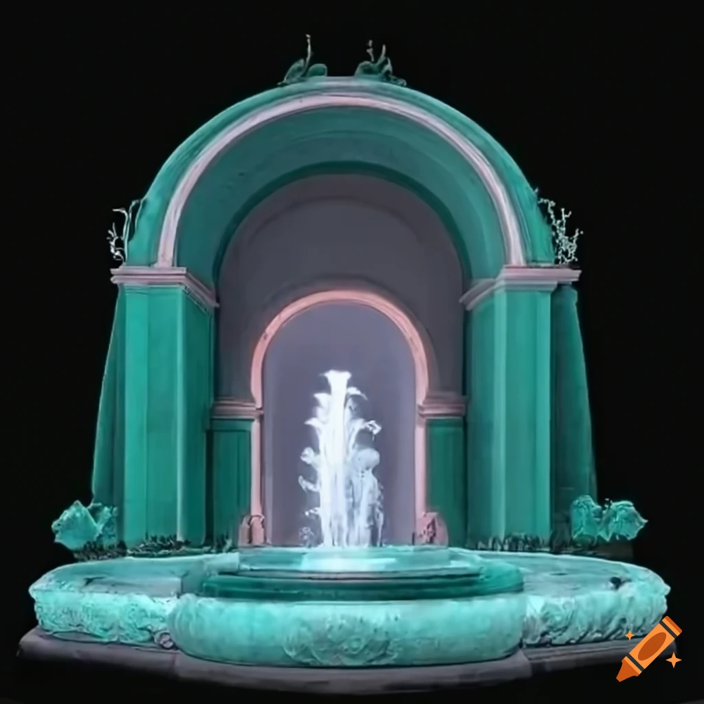 Beautifully built jade fountain in a city square with arches on Craiyon