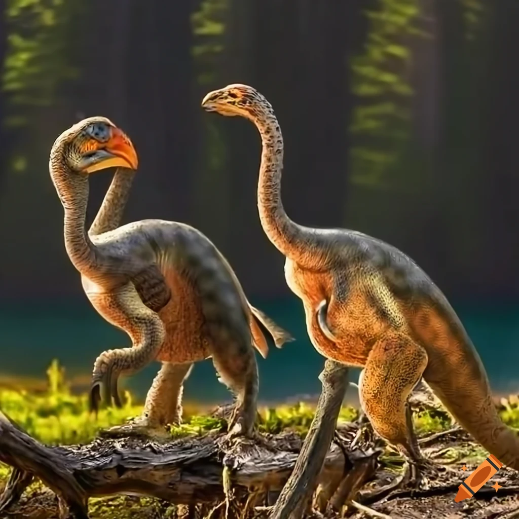 Feathered Oviraptor dinosaurs on a muddy bank with driftwood and ferns ...