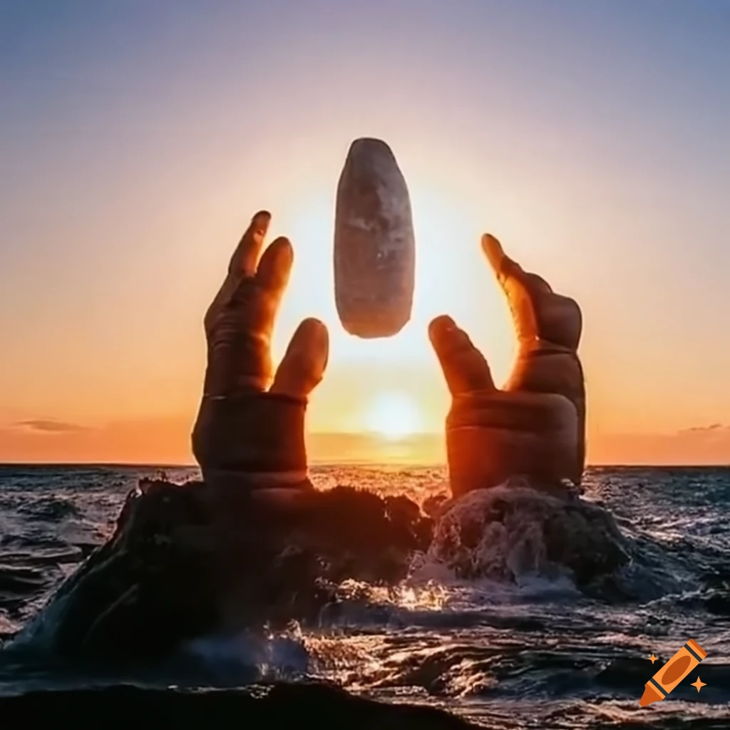 Giant stone hand emerging from the sea in an 80's filming style on Craiyon