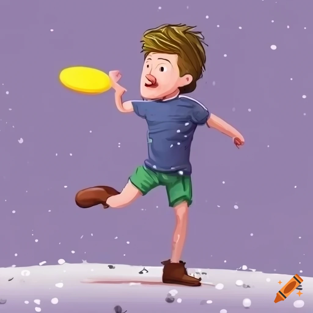 Cartoon guy throwing frisbee in a winter scene on Craiyon