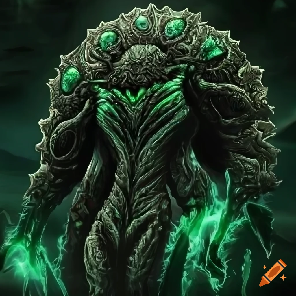Eldritch Eldrazi Phyrexian monster with fractal patterns and malachite green crystal wings on ...
